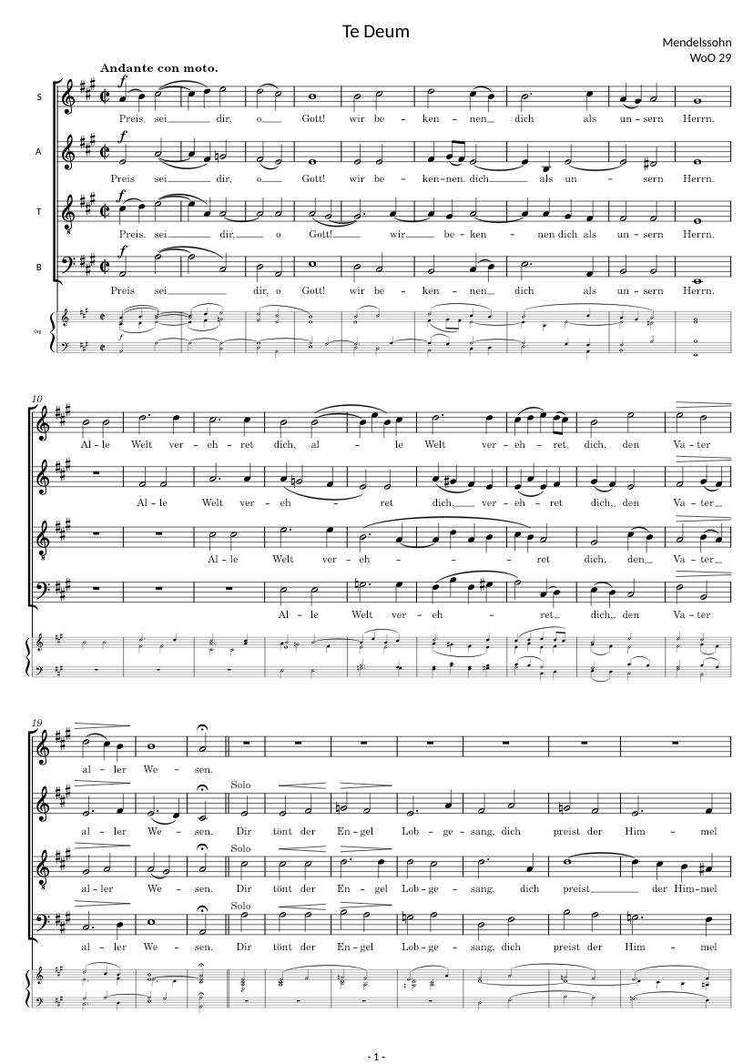 Mendelssohn WoO 29 (Te Deum) Sheet Music for Soprano, Alto, Tenor, Bass voice & more instruments ...