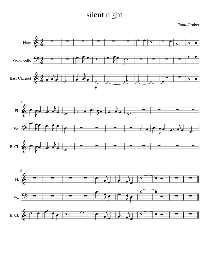 Silent night Sheet music for Flute, Clarinet bass, Cello (Mixed Trio ...