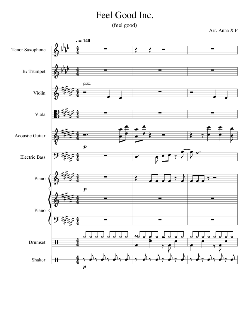 Feel Good Inc. Sheet music for Piano, Trumpet (In B Flat), Violin, Drum ...