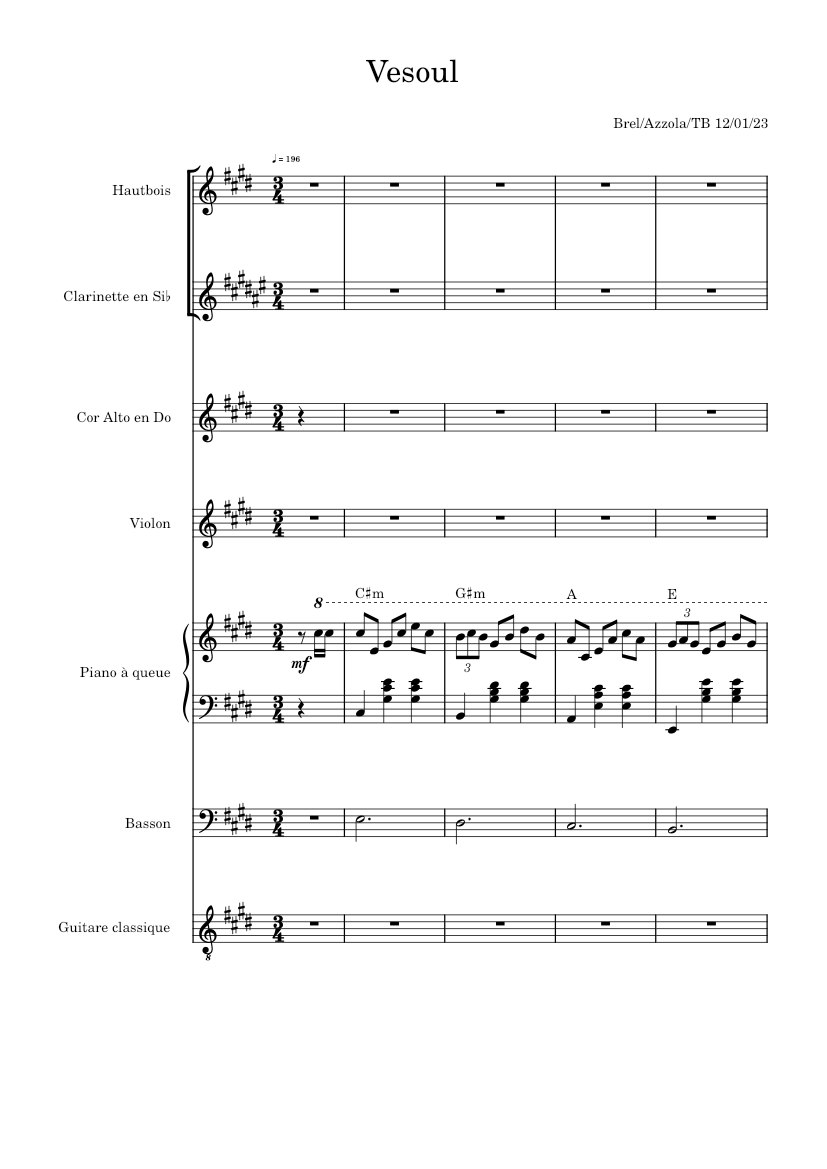 Vesoul – Jacques Brel Vesoul Sheet Music for Piano, Oboe, Clarinet in b ...