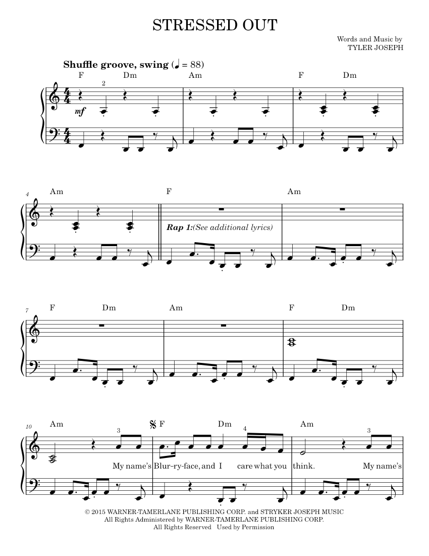 Play Official version of Stressed out sheet music by Twenty One Pilots ...
