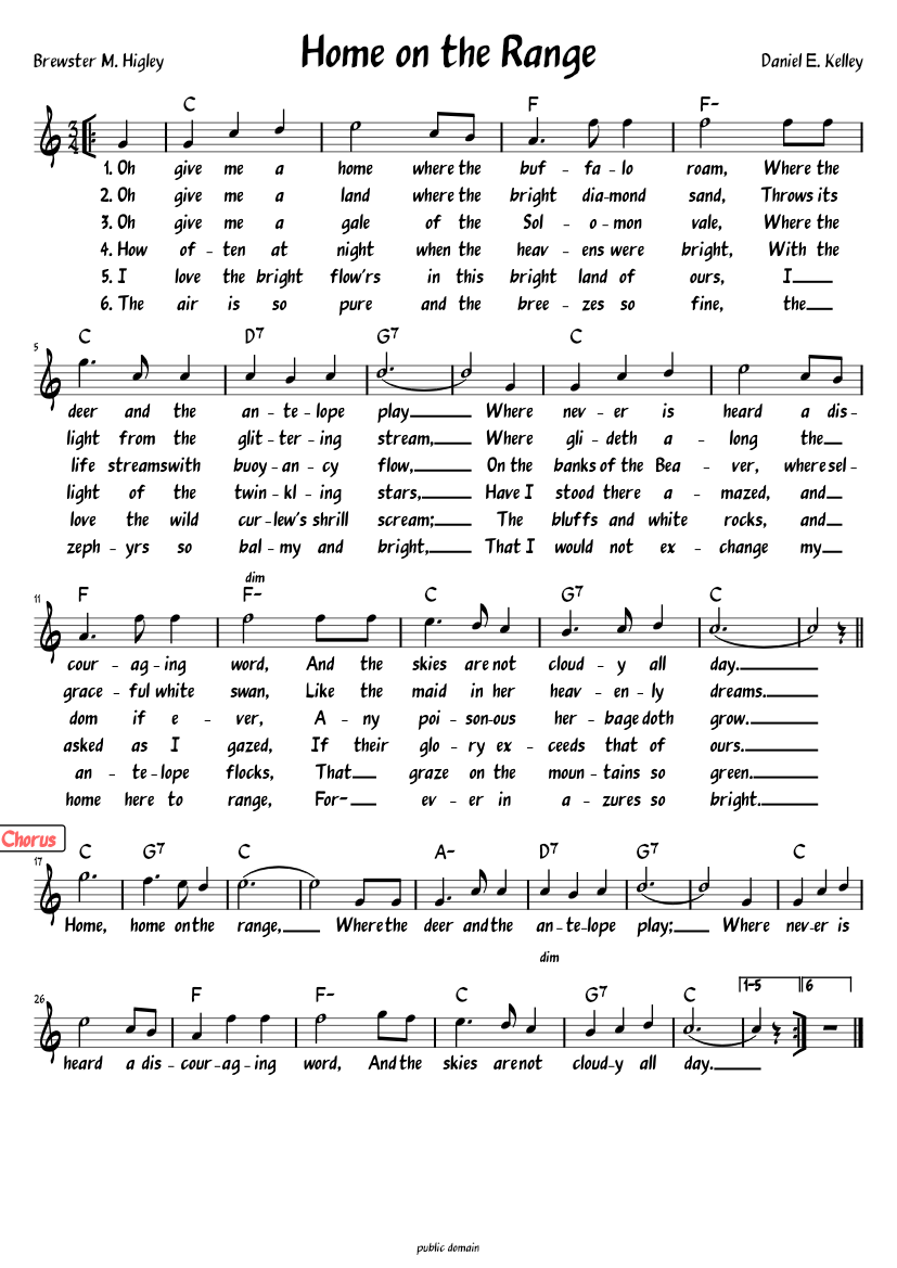 Home on the Range (Lead sheet with lyrics ) Sheet Music with Chords for ...