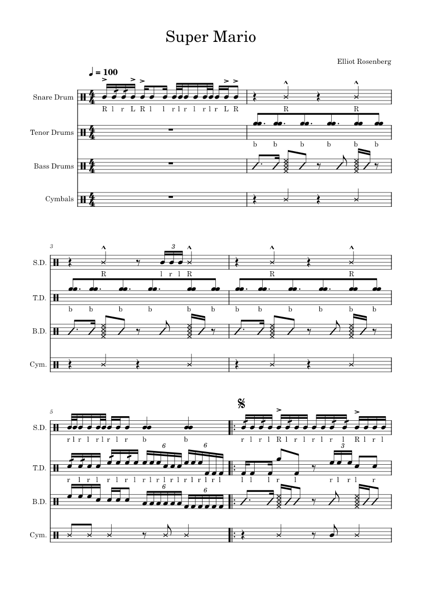 Super Mario Bros – Koji Kondo Super Mario Cadence Sheet music for Snare ...