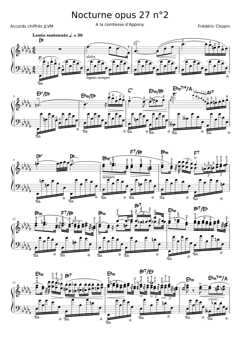 Chopin Nocturne opus 27 n°2 avec accords chiffrés et doigtés Sheet Music for Piano (Solo ...