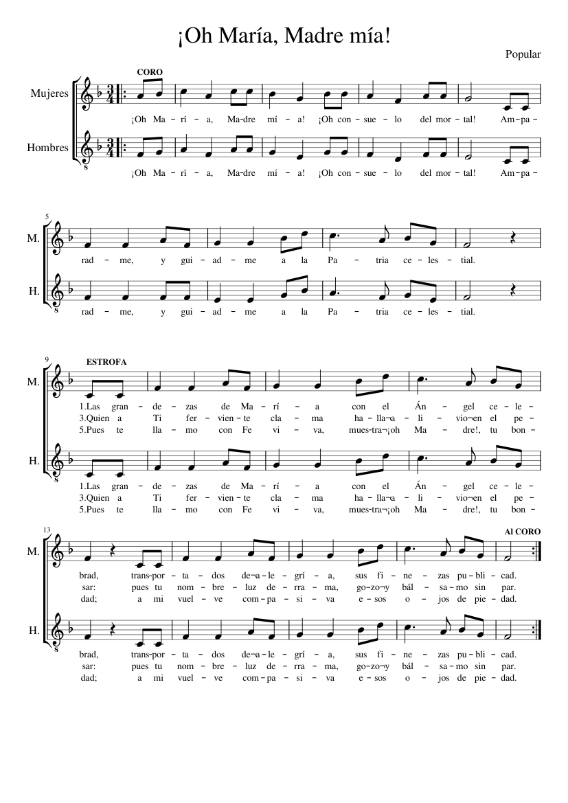 ¡Oh María, Madre mía! Sheet Music for Soprano, Tenor (Choral ...