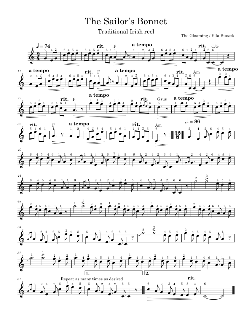 The Sailor's Bonnet - traditional Irish reel Sheet Music for Flute ...