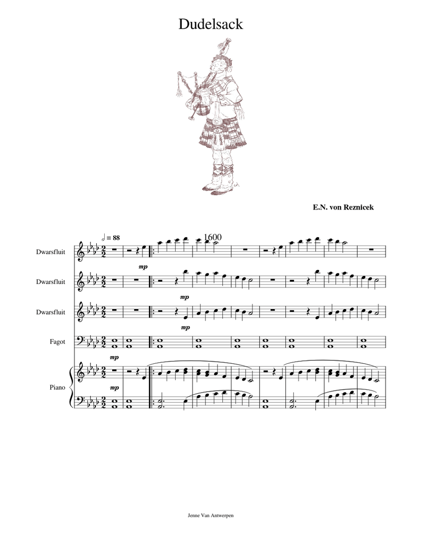 Dudelsack – E.N. von Reznick Sheet music for Piano, Flute, Bassoon ...