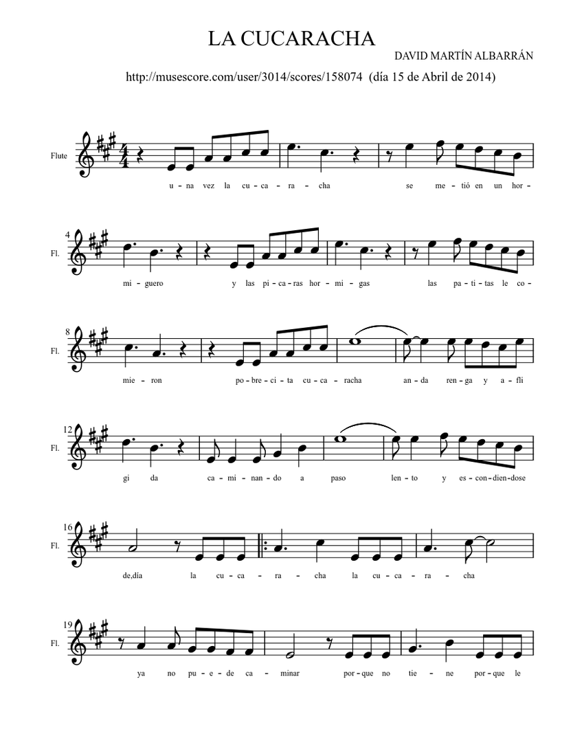 la cucaracha Sheet music for Flute (Solo) | Download and print in PDF ...