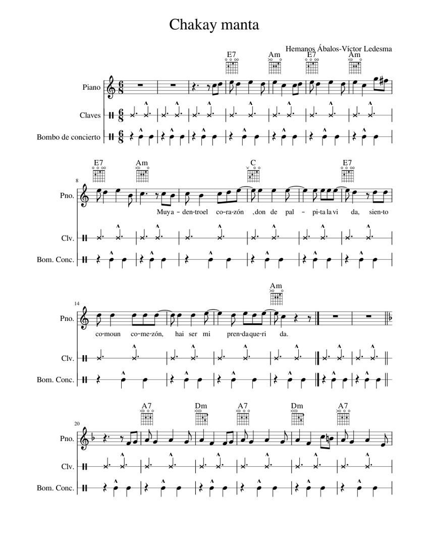 Chakay manta Sheet music for Piano, Bass drum, Claves (Mixed Trio ...