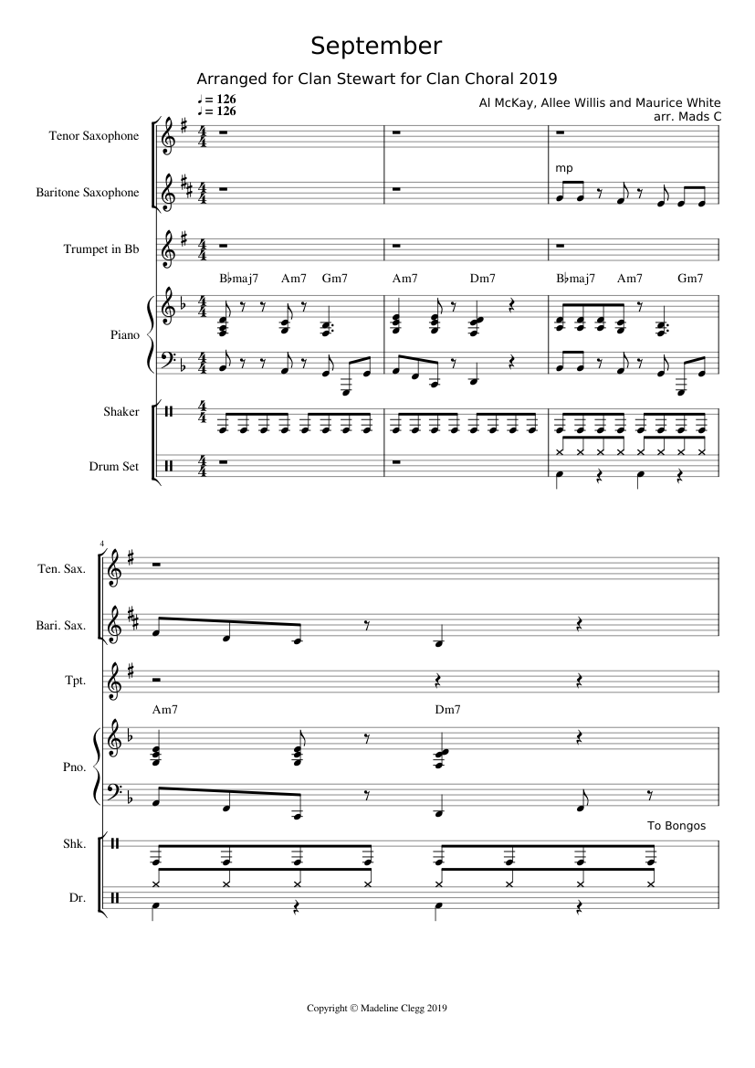 September Sheet music for Piano, Saxophone tenor, Saxophone baritone ...