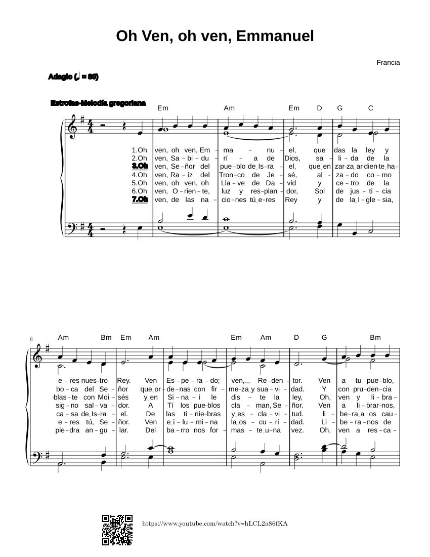 Oh Ven, oh ven, Emmanuel (Francia) Sheet music for Piano (Piano-Voice ...