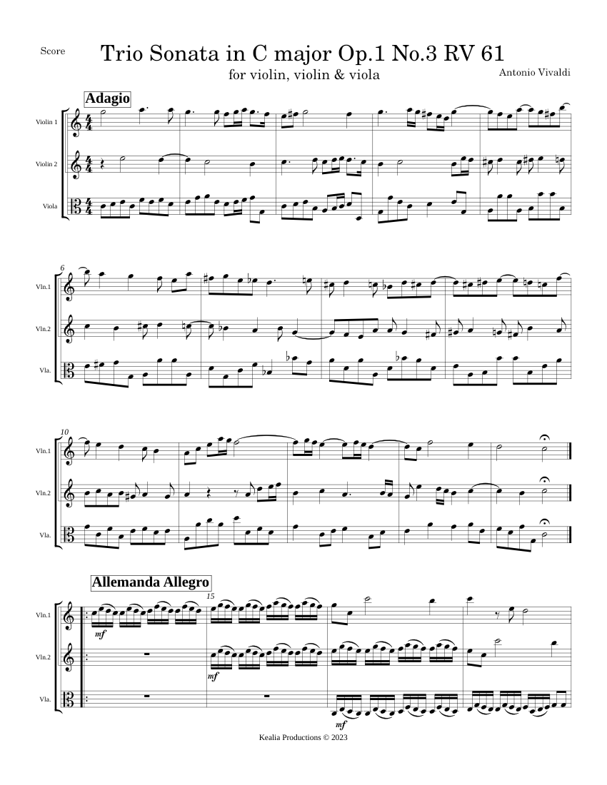 Trio Sonata Op 1 No 3 RV 61 vl vl vla – Antonio Vivaldi Sheet Music for ...