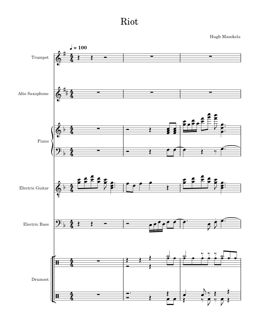 Riot – Hugh Masekela Sheet Music for Piano, Saxophone alto, Guitar ...