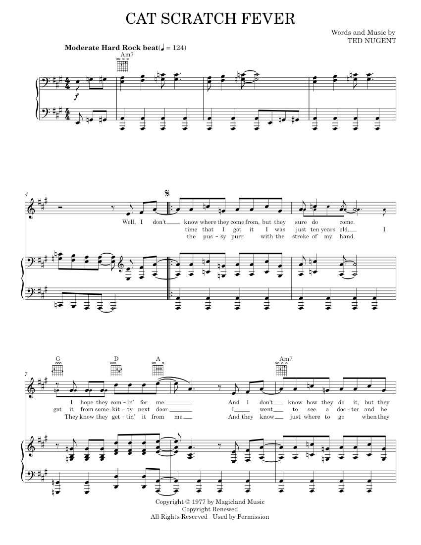 Play Official version of Cat Scratch Fever Sheet Music by Ted Nugent ...