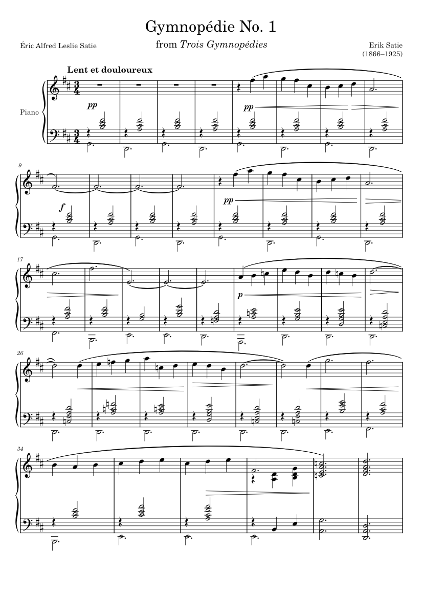 Gymnopédie No. 1 – Satie - bar lines according to phrases Sheet music ...