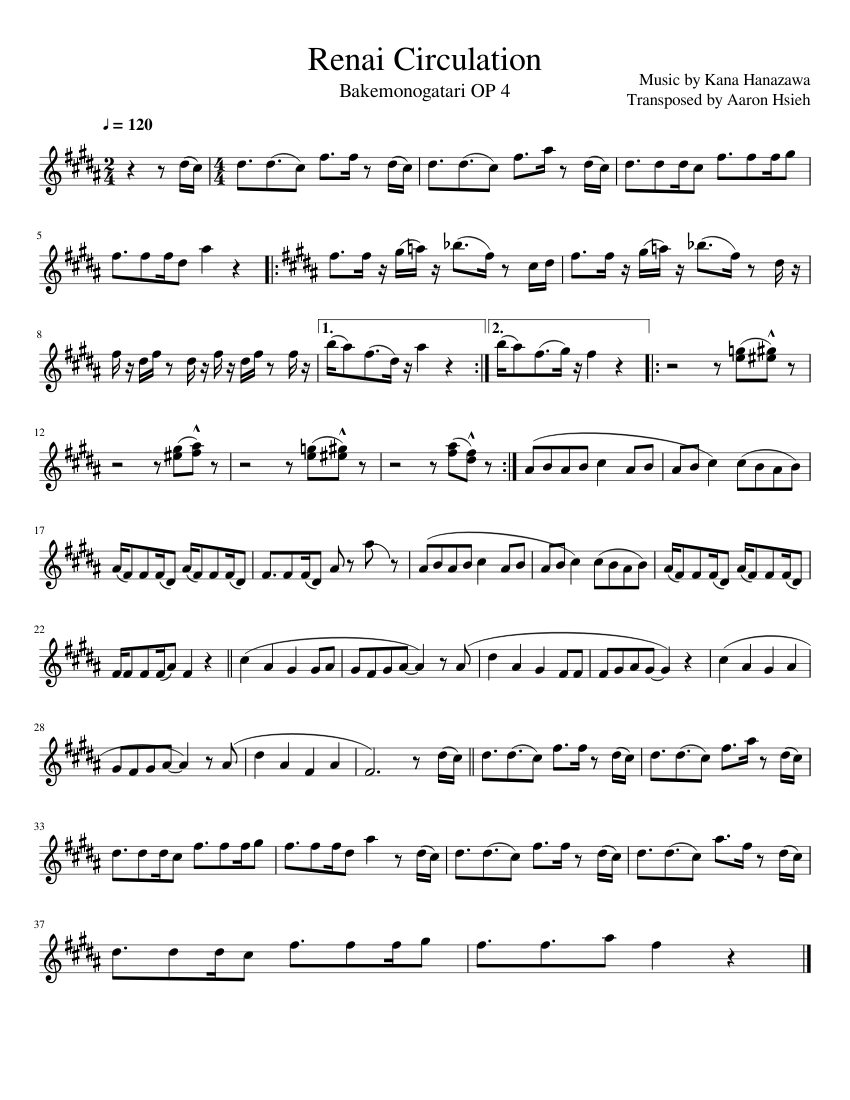 Renai Circulation (Bakemonogatari OP 4) Sheet Music for Trumpet in b ...