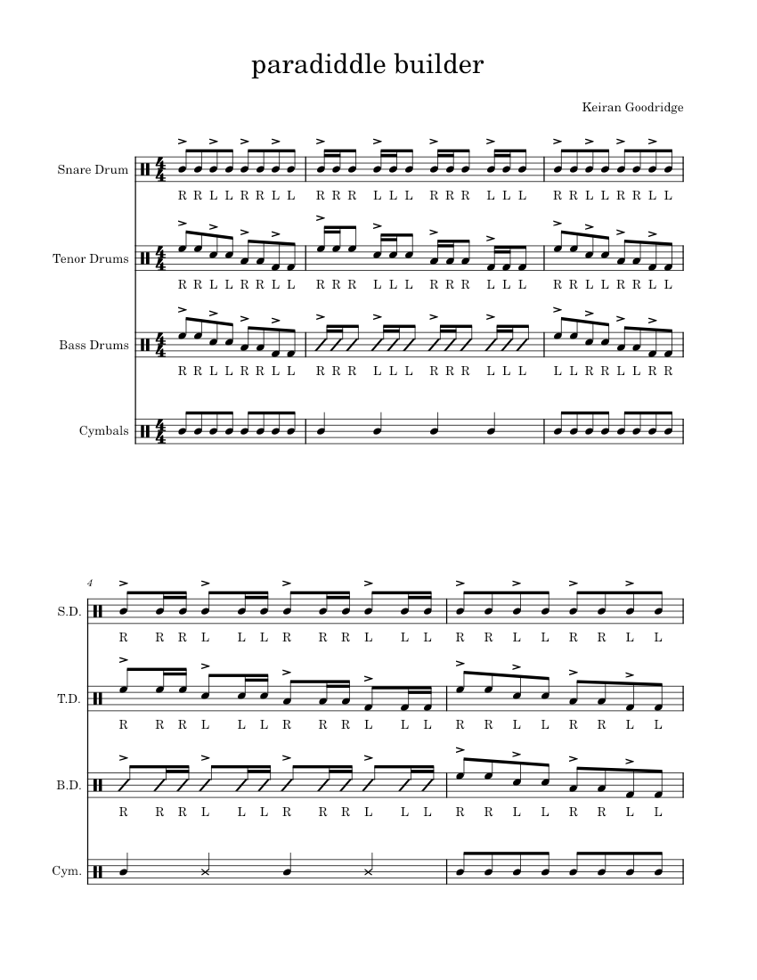 paradiddle_builder Sheet music for Snare drum, Crash, Tenor drum, Bass drum (Percussion Ensemble ...