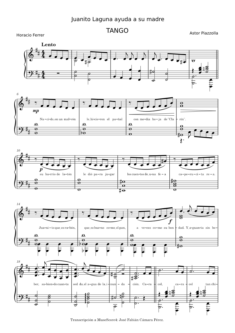 Juanito Laguna ayuda a su madre – Astor Piazzolla Sheet Music for Piano ...