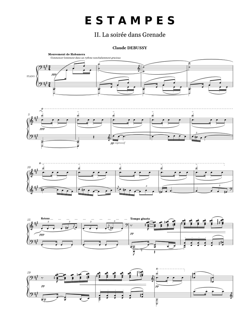 Debussy - Estampes : II. La soirée dans Grenade Sheet music for Piano ...