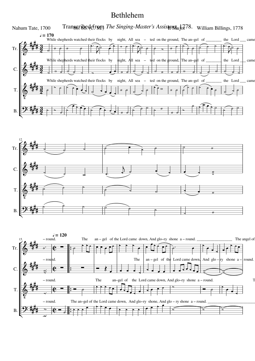 Bethlehem - William Billings Sheet music for Tenor, Bass voice, Vocals ...