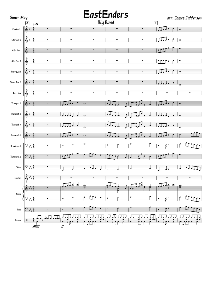 Eastenders Theme Sheet Music for Piano, Trombone, Tuba, Clarinet in b ...