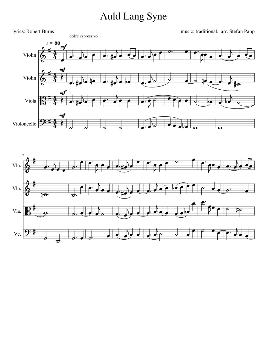 Auld Lang Syne Sheet Music for Violin, Viola, Cello (String Quartet) | MuseScore.com