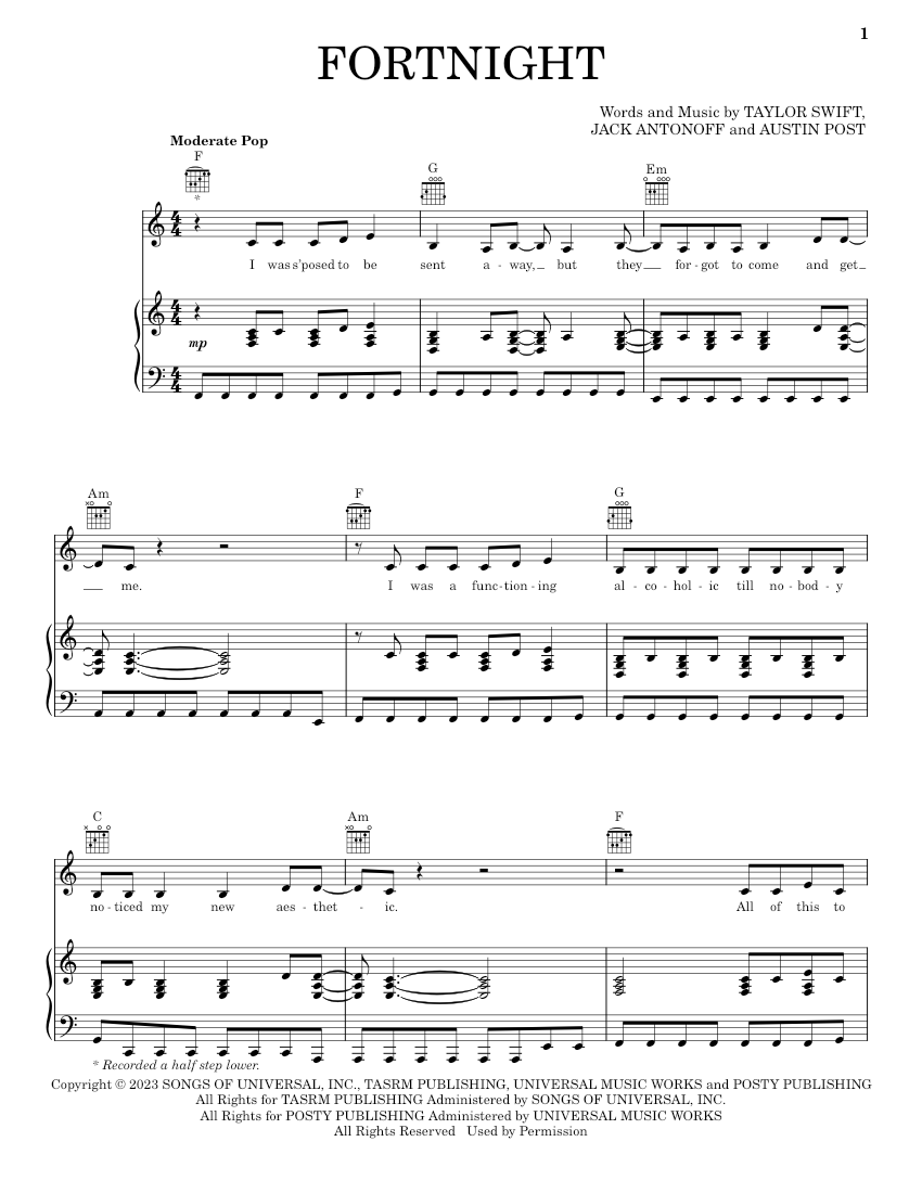 Play Official version of Fortnight Sheet Music by Taylor Swift for ...