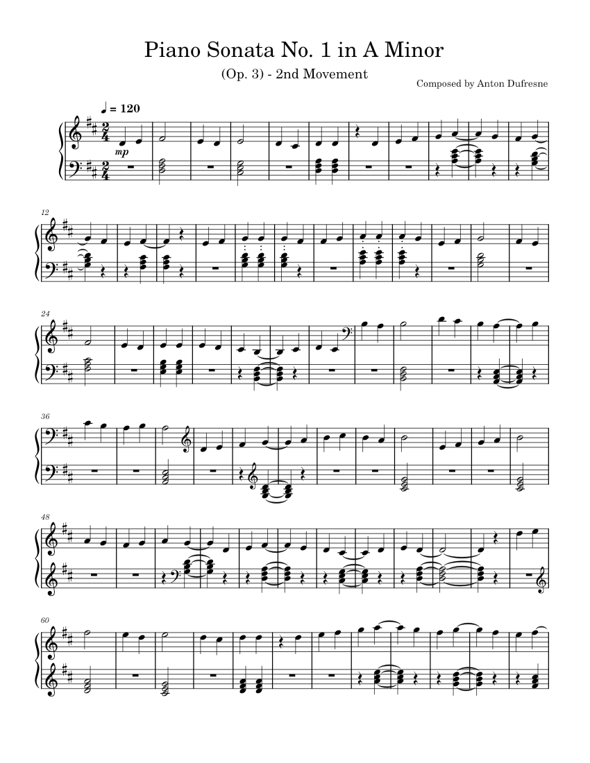 Piano Sonata No. 1 in A Minor (Second Movement) Sheet Music for Piano ...