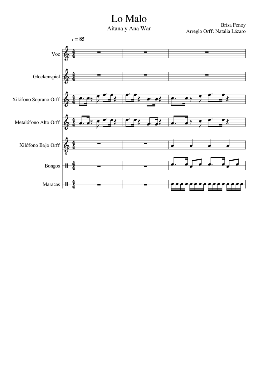 Lo Malo continuo Sheet Music for Vocals, Glockenspiel, Xylophone, Bongo ...