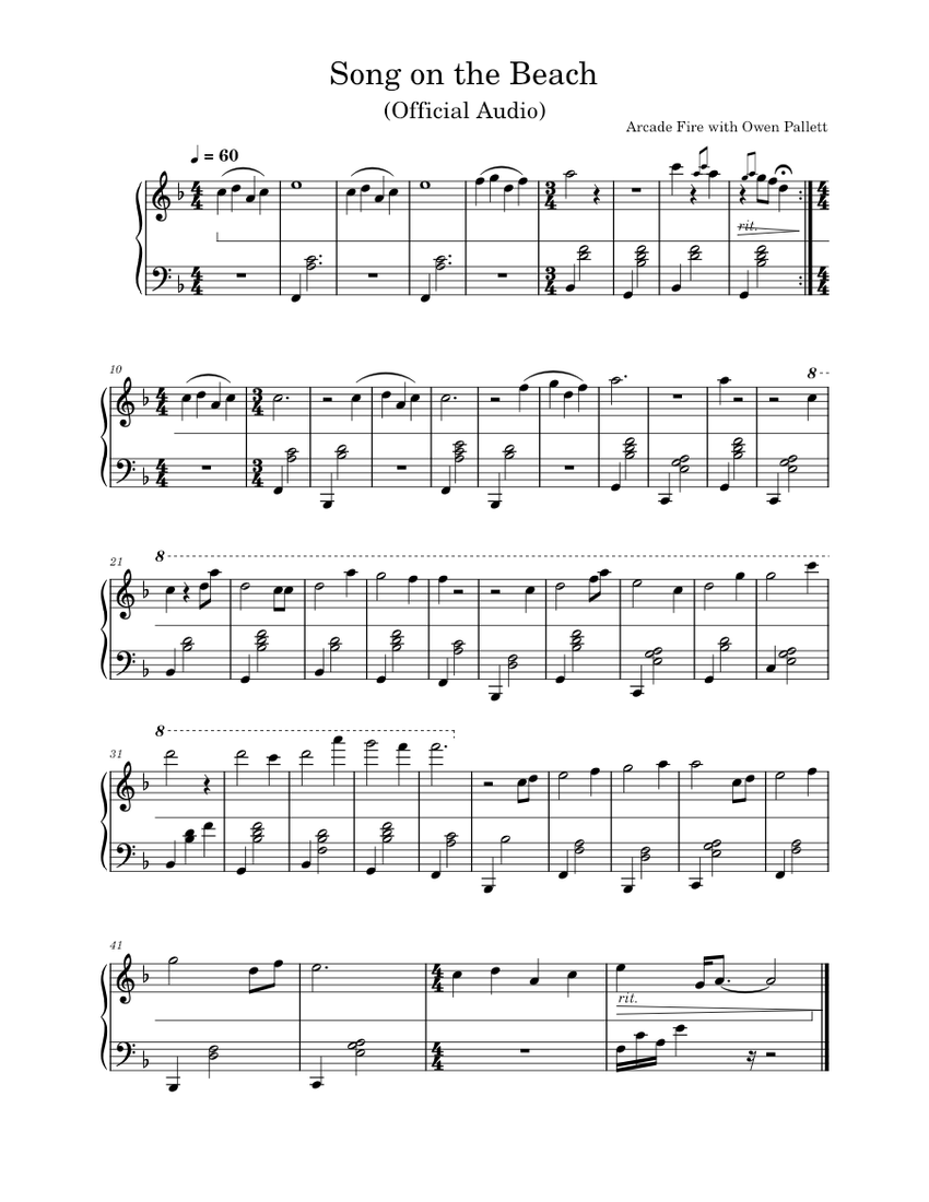 Song on the Beach – Arcade Fire (Movie Version) Sheet music for Piano ...