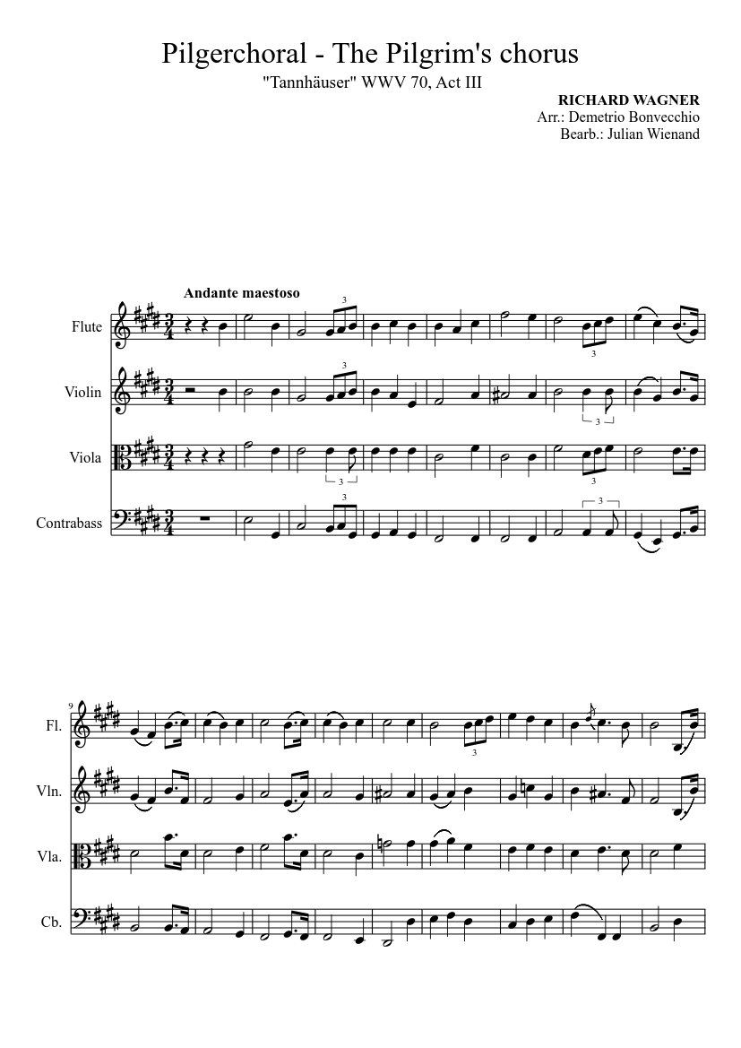 Pilgerchoral - The Pilgrim's chorus (from "Tannhäuser") Sheet Music for Flute, Violin, Viola ...