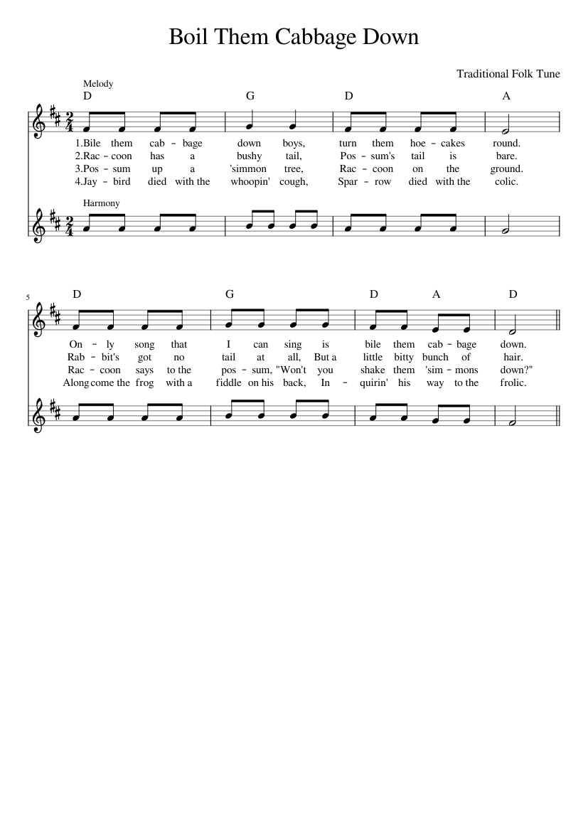 Traditional music - Boil Them Cabbage Down Sheet Music with Chords for ...