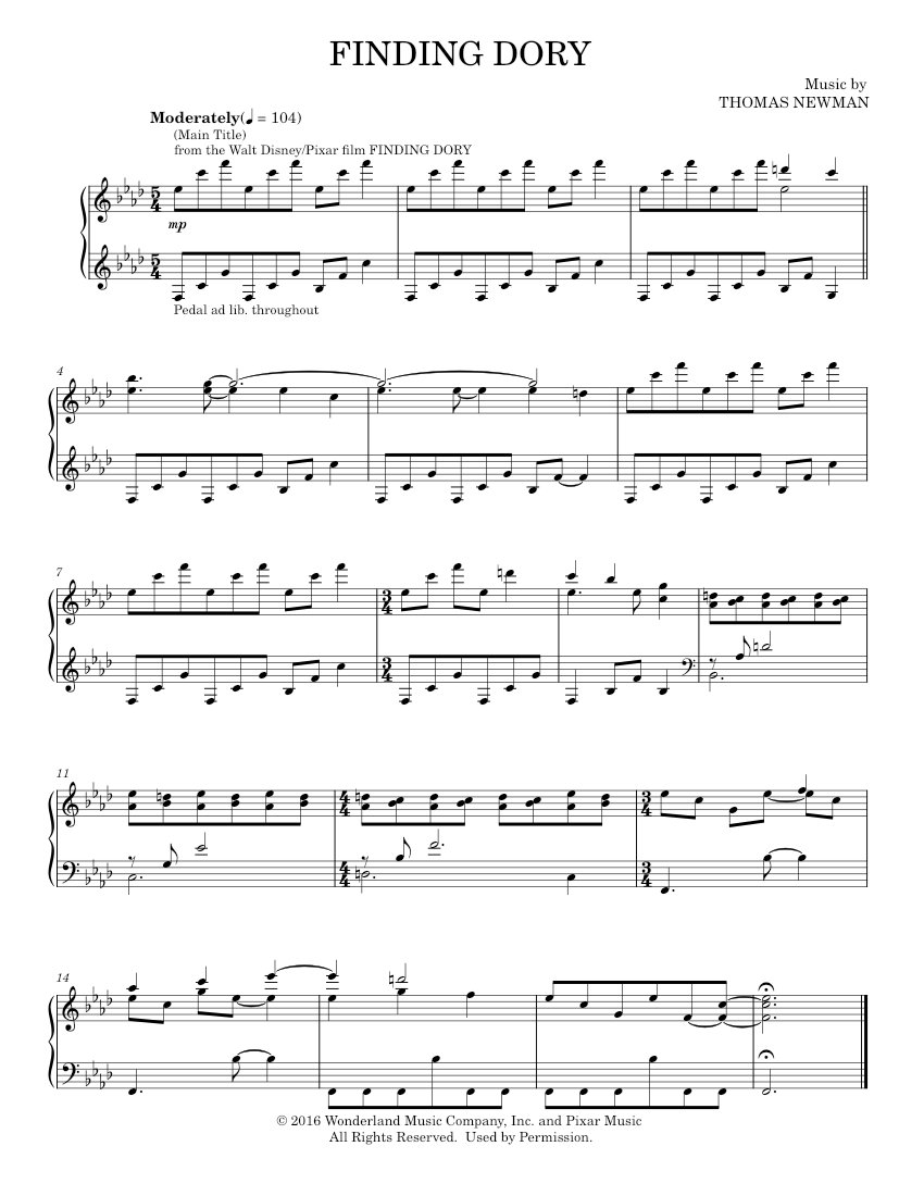 Finding Dory (Main Title) Sheet music for Piano by Thomas Newman ...