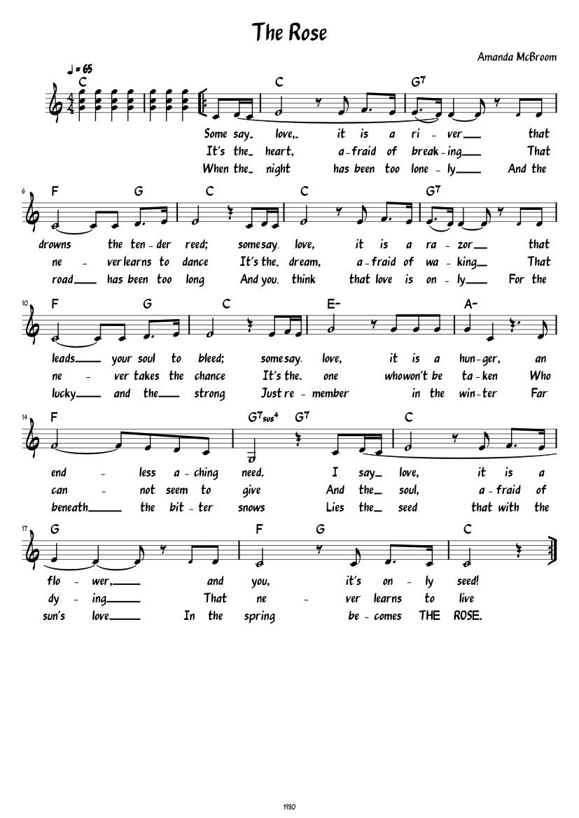 The Rose (Lead sheet with lyrics ) Sheet Music with Chords for Piano ...