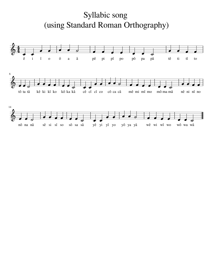 Syllabic song (using Standard Roman Orthography) Sheet music for Piano ...