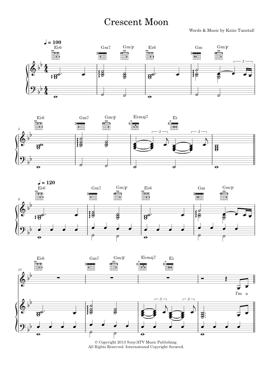 Play Official version of Crescent Moon Sheet Music by KT Tunstall for ...