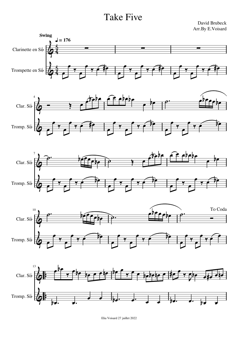 Take Five The Dave Brubeck Quartet Take Five Sheet Music For Clarinet Take Five The Dave Brubeck Quartet Take Five Sheet Music For Clarinet
