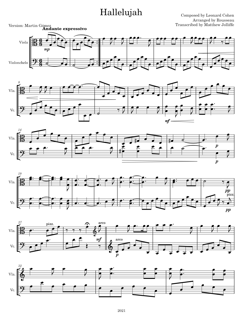 Viola - Cello - Hallelujah Cohen - Rousseau Sheet Music for Viola, Cello (String Duet ...