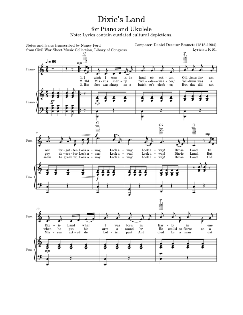 Dixie's Land – Daniel D. Emmett (Ukulele and Piano) Sheet music for ...