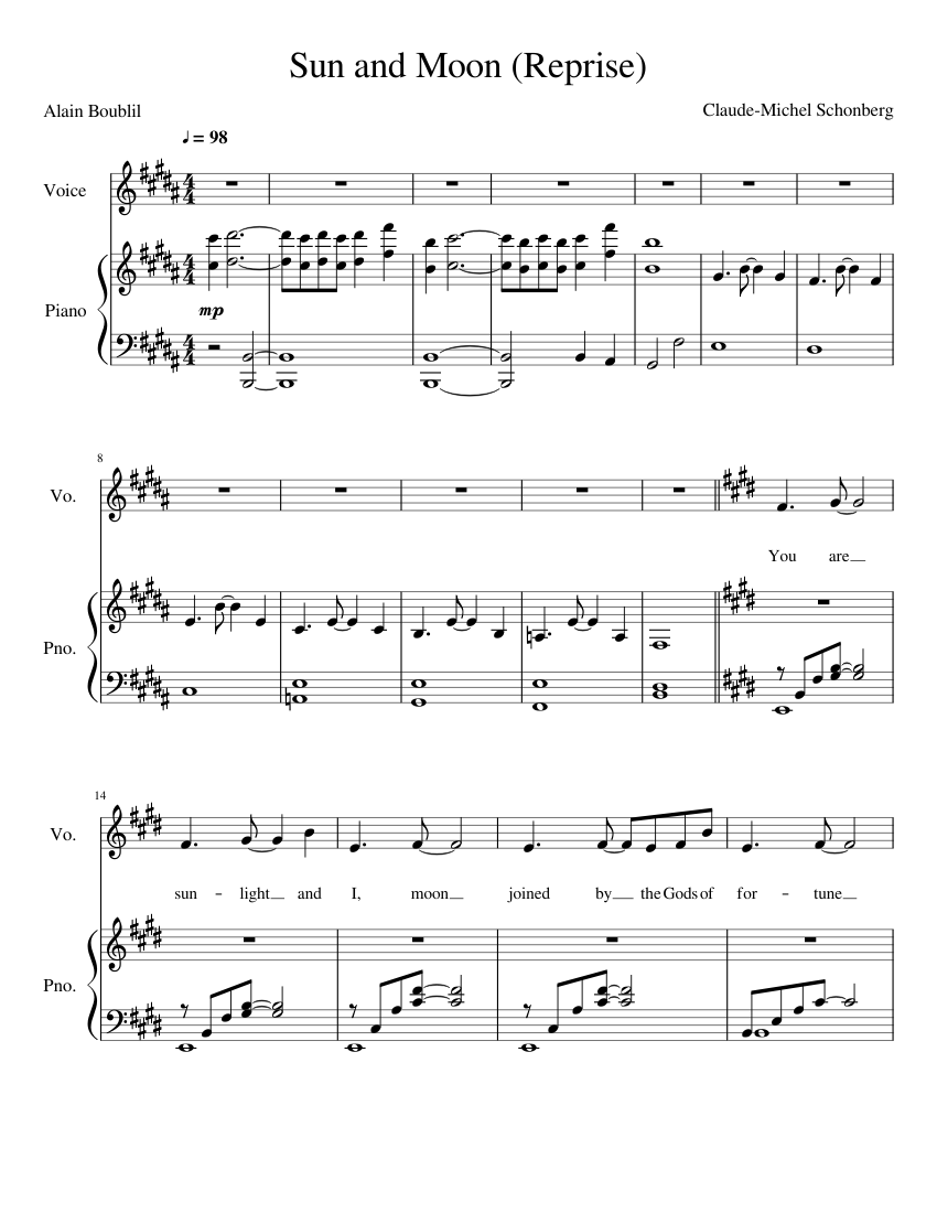 Sun and Moon Reprise Sheet music for Piano, Vocals (Piano-Voice ...