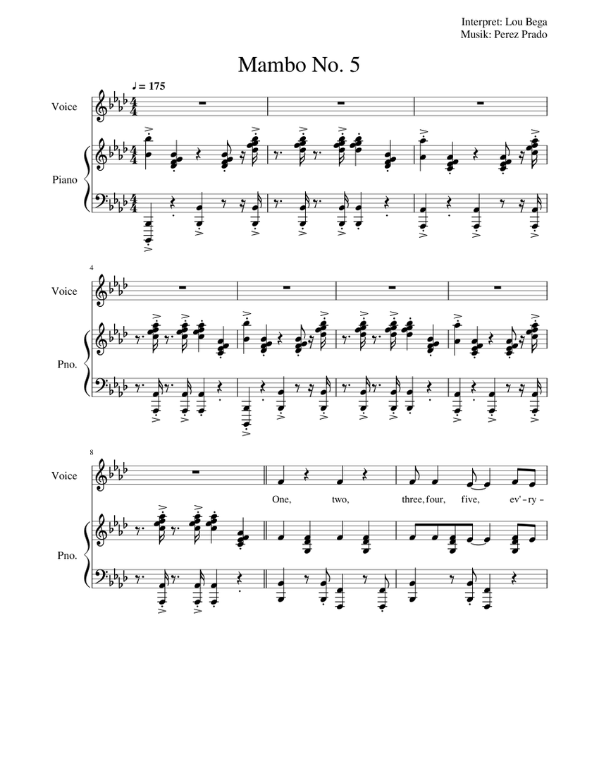 Mambo no 5 (Lou Bega, Perez Prado) Sheet music for Piano, Voice (other ...