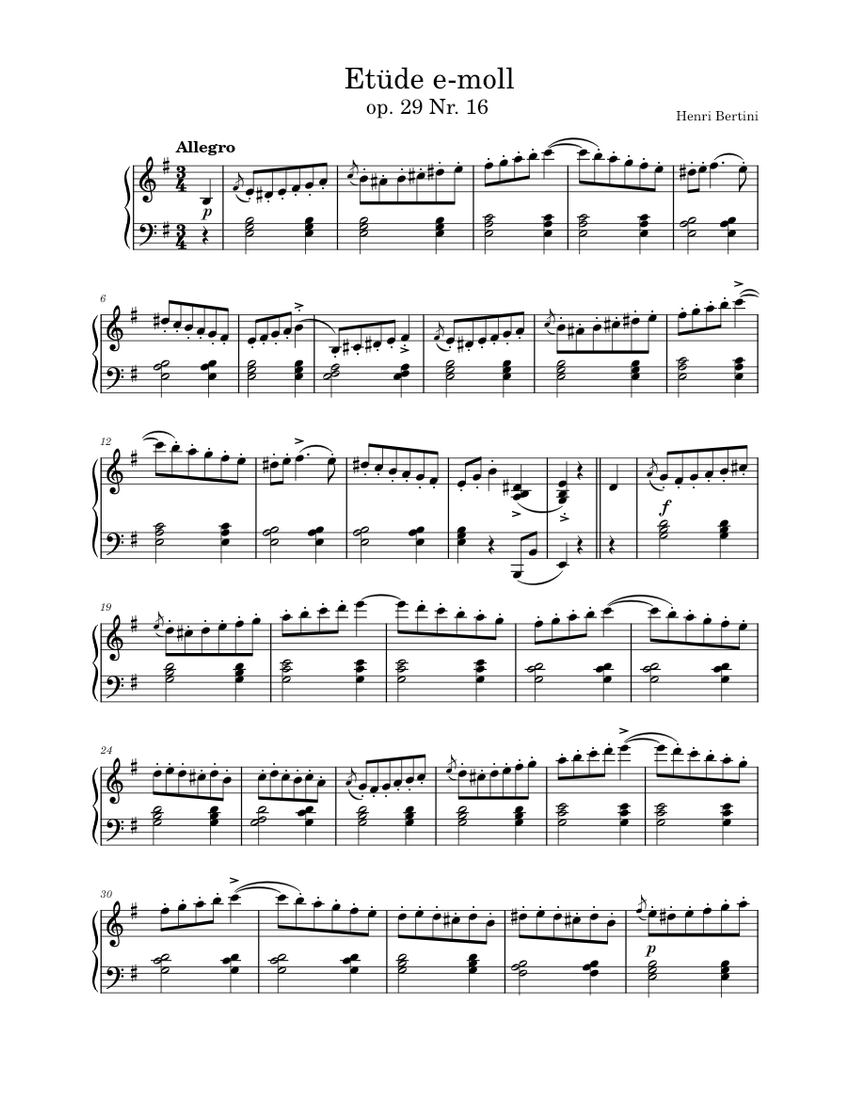 Henri Bertini - Etüde e-moll - op. 29 Nr. 16 Sheet music for Piano ...