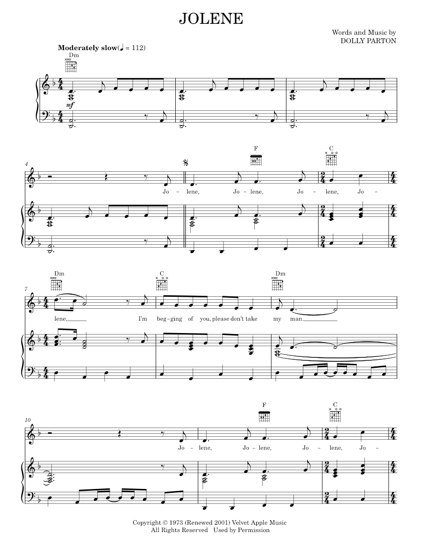 jolene Sheet music for Piano, Vocals by Dolly Parton Official ...