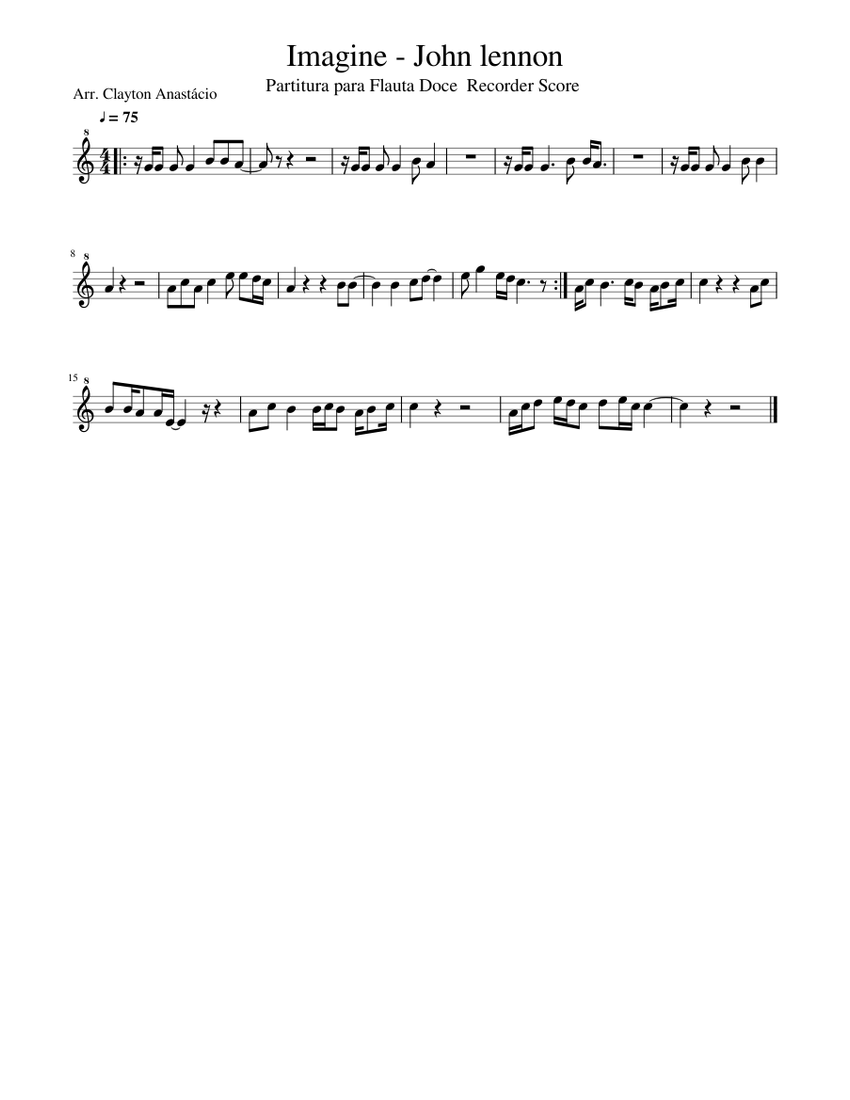 Imagine – Jhon Lenon Flauta Doce Recorder Score Sheet music for ...