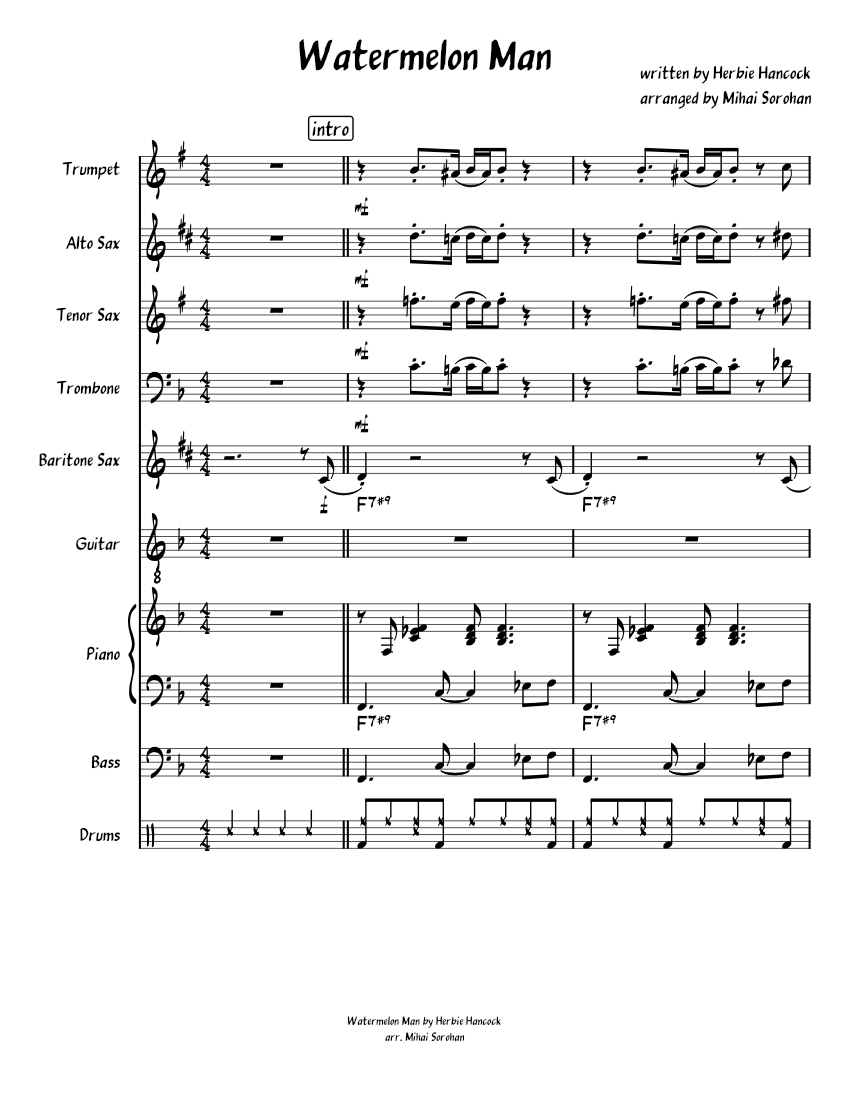 "Watermelon Man" Jazz Combo Arrangement Sheet music for Piano, Trombone ...