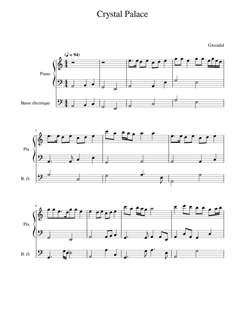 Crystal Palace – Gwendal Sheet music for Piano, Bass guitar (Mixed Duet ...