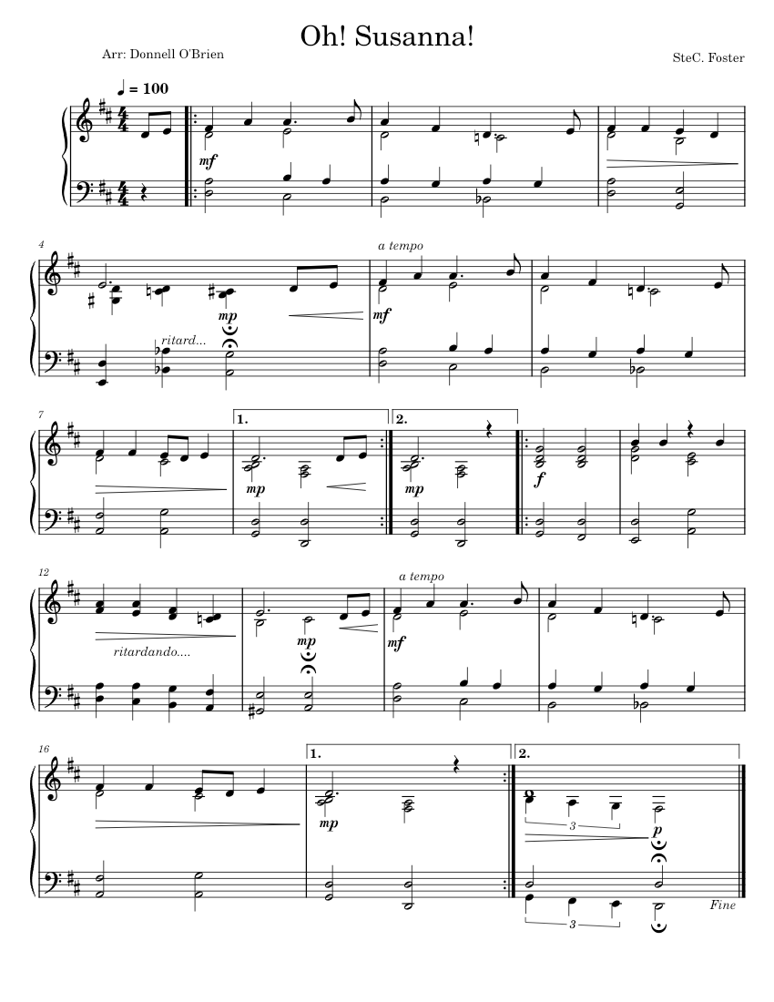 Oh! Susanna! in D Sheet music for Piano (Solo) Easy | Musescore.com