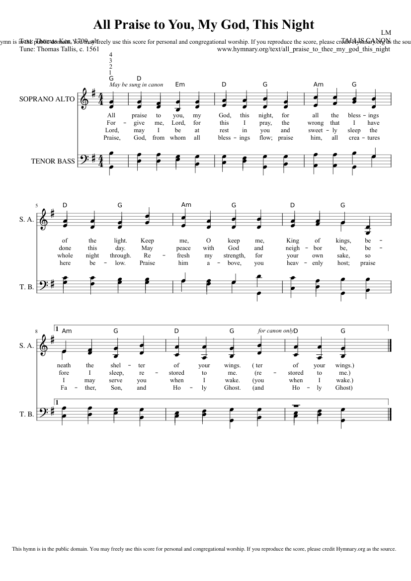 Tallis' Canon - Thomas Tallis Sheet Music for Piano, Soprano (Piano ...