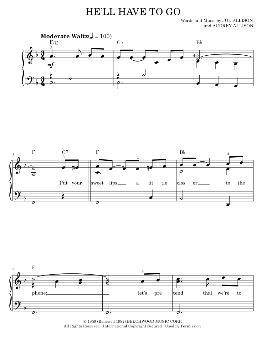 Play Official version of He'll Have To Go Sheet Music by Jim Reeves for ...