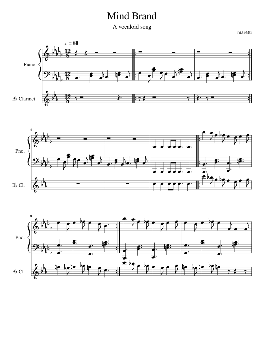 Mind Brand Sheet Music for Piano, Clarinet in b-flat (Mixed Duet ...